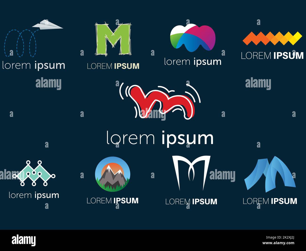 A digital illustration set of various fonts for a M letter logo design ...