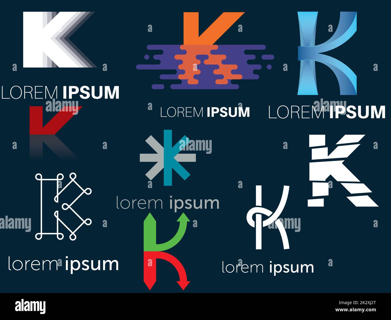 A digital illustration set of various fonts for a K letter logo design ...