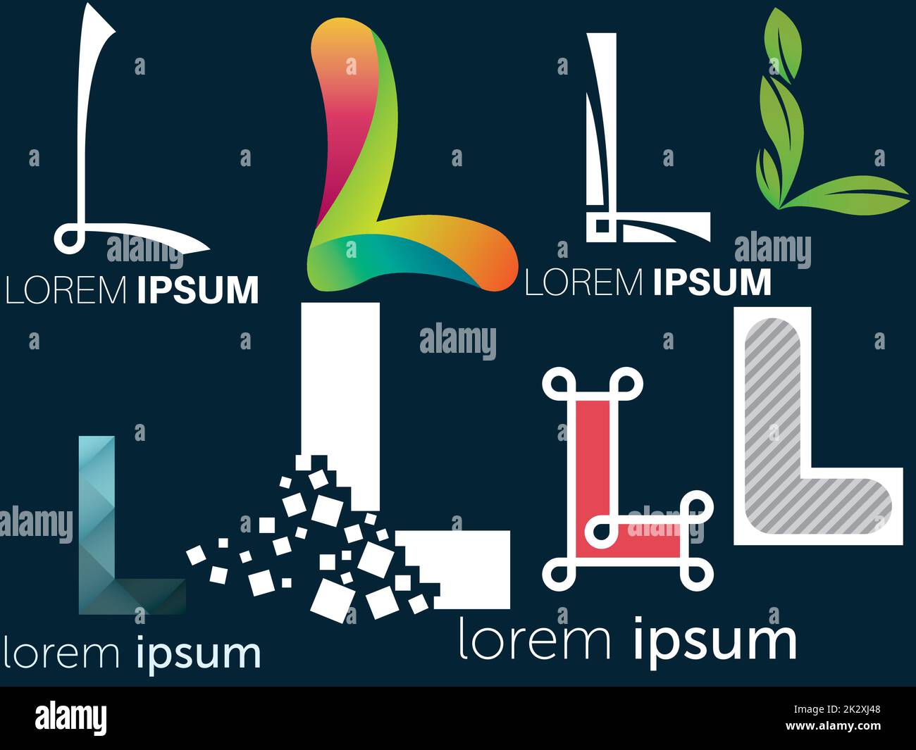 A digital illustration set of various fonts for a L letter logo design ...