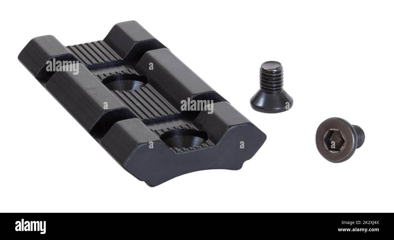 Bolts and base to mount an optic on a rifle isolated on white Stock ...
