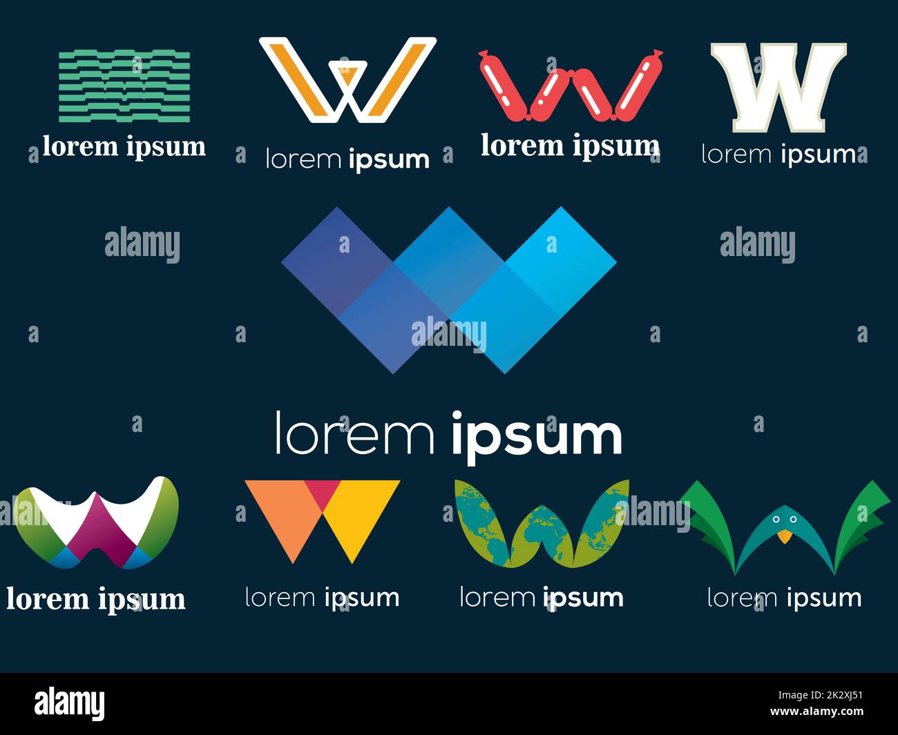 A digital illustration set of various fonts for a W letter logo design ...