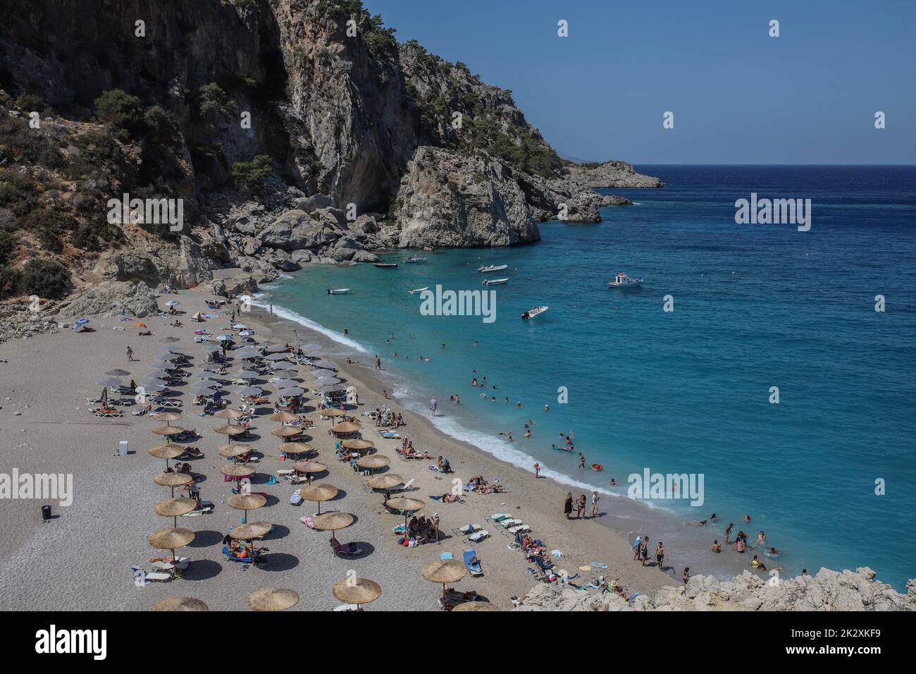 Karpathos, Greece. 11th Aug, 2021. Genera view of Kyra Panagia beach ...