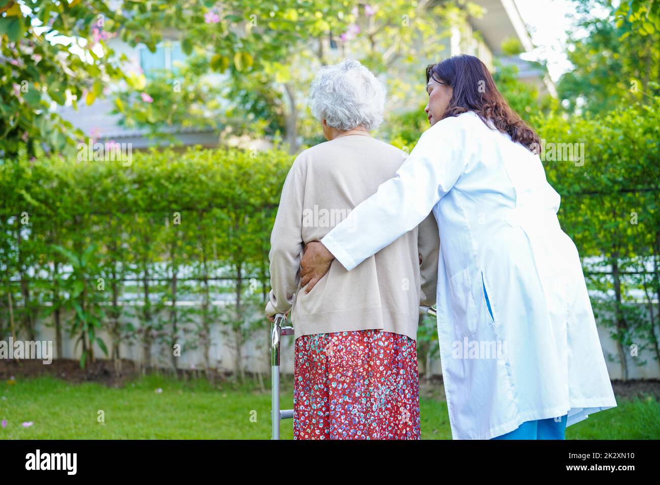 Doctor help Asian elderly woman disability patient walk with walker in ...