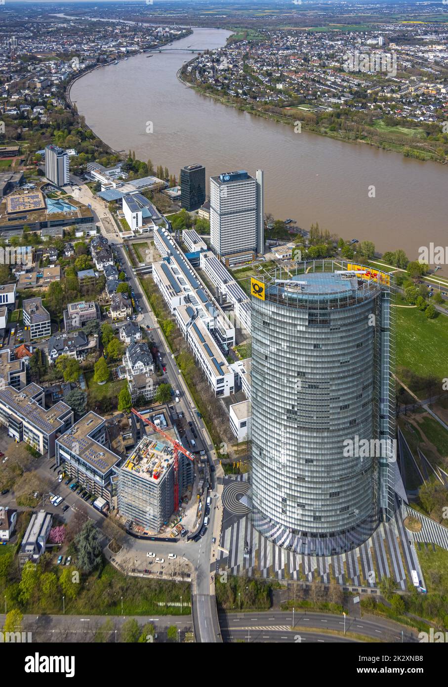 Aerial view, federal quarter with Post Tower at the river Rhine ...