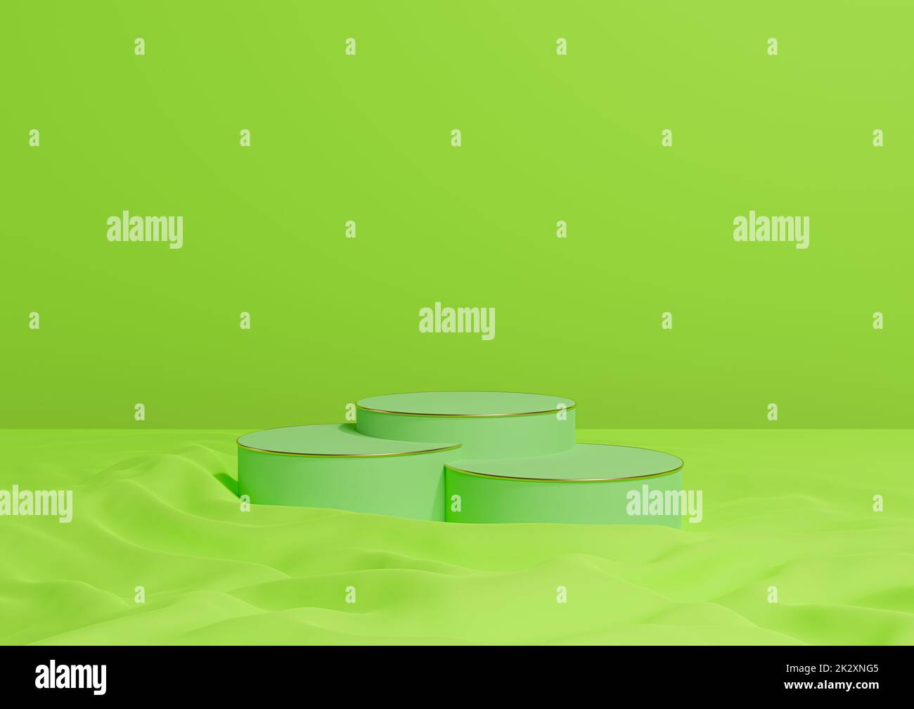 Bright, neon green 3D rendering minimal product display three luxury cylinder podiums or stands ...