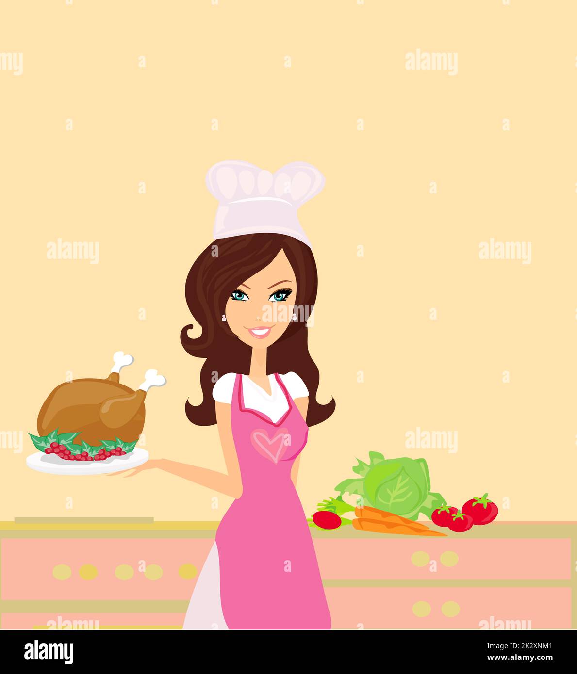 Beautiful lady cooking chicken in the kitchen Stock Photo - Alamy