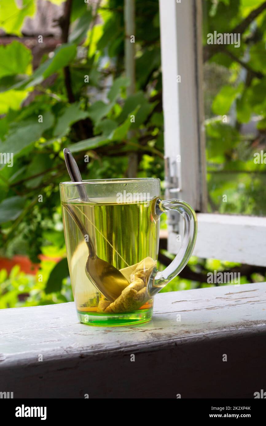 Tea and tea bag under the summer sun. A tea bag in a glass transparent ...