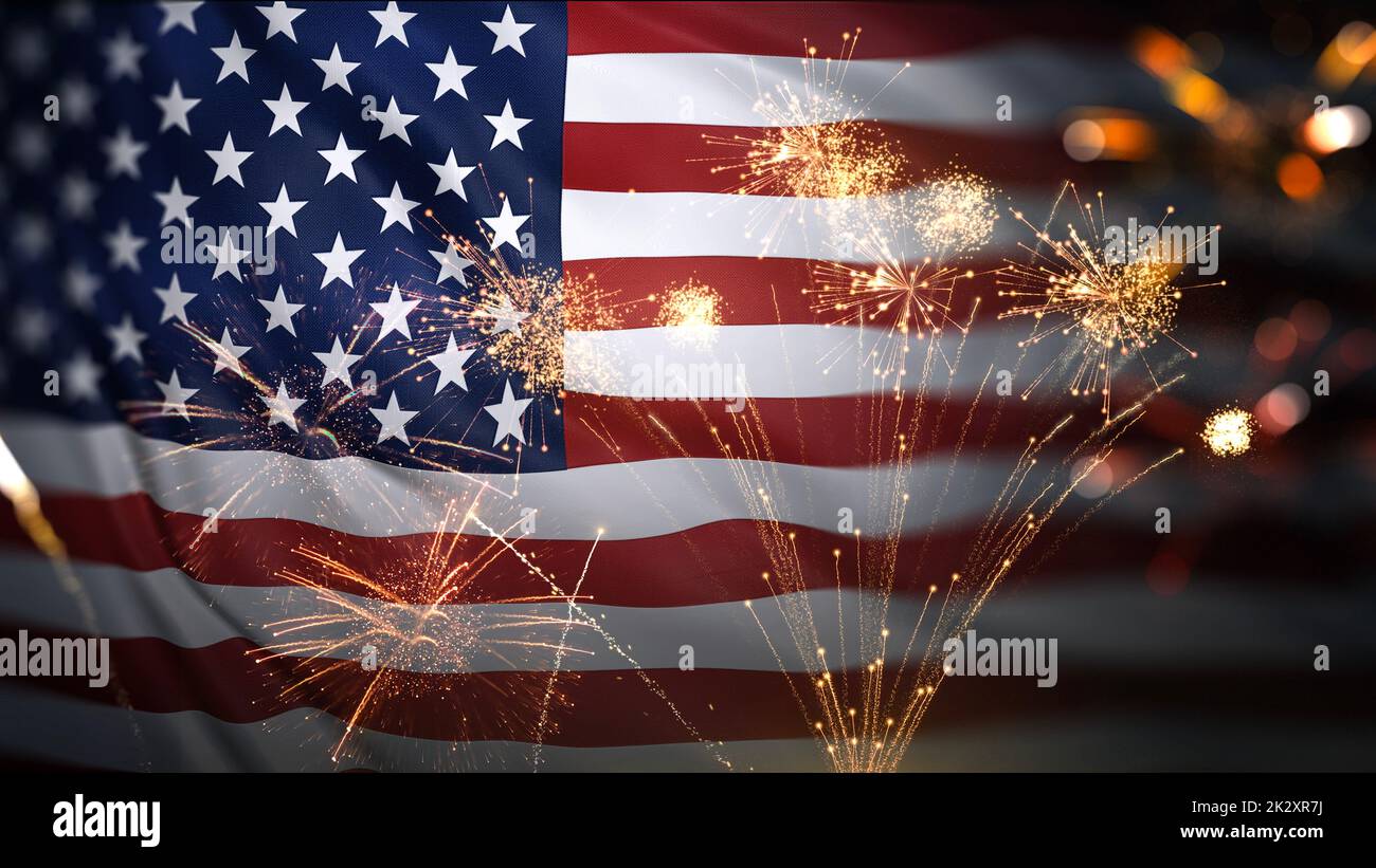 American flag waving with fireworks celebrating 4th of July Stock Photo ...