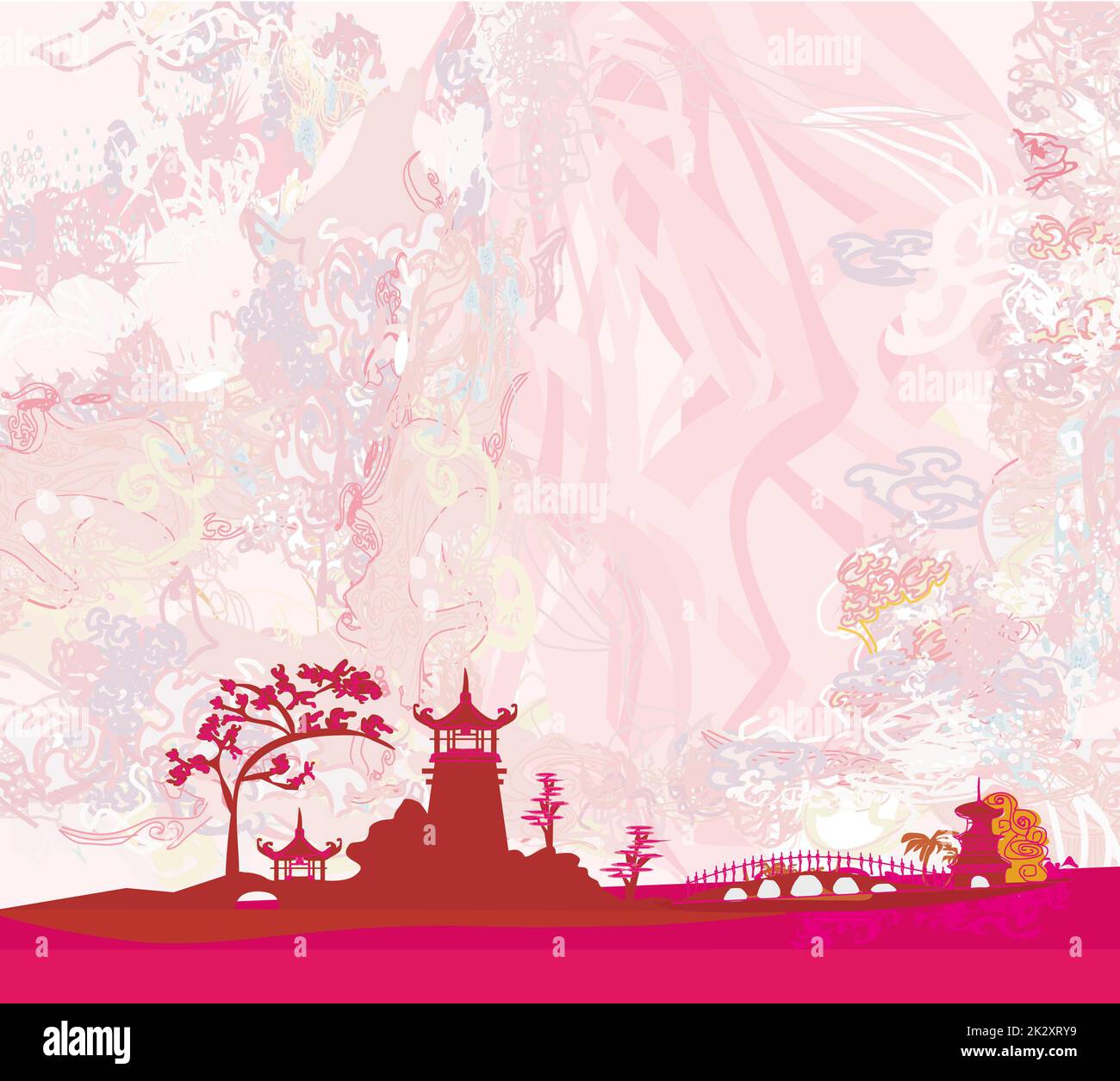 old paper with Japanese temple on abstract Asian Landscape Stock Photo ...