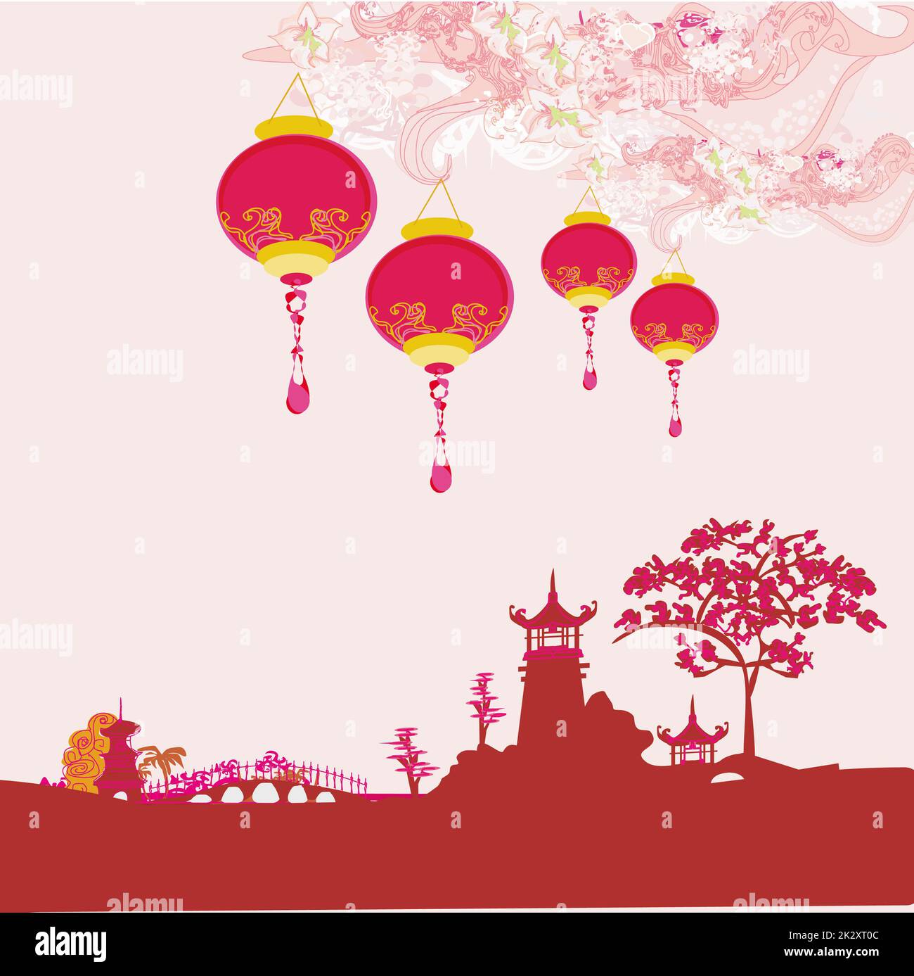 old paper with Asian Landscape and Chinese Lanterns Stock Photo - Alamy