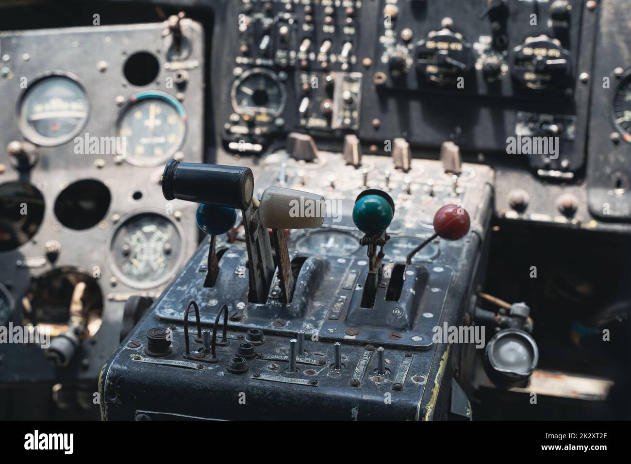 vintage world war two airplane cockpit with instrument panel and flight ...