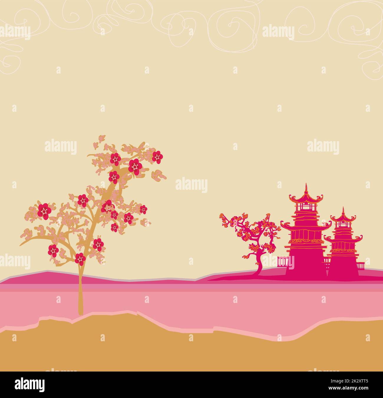 old paper with Chinese temple on abstract Asian Landscape Stock Photo ...
