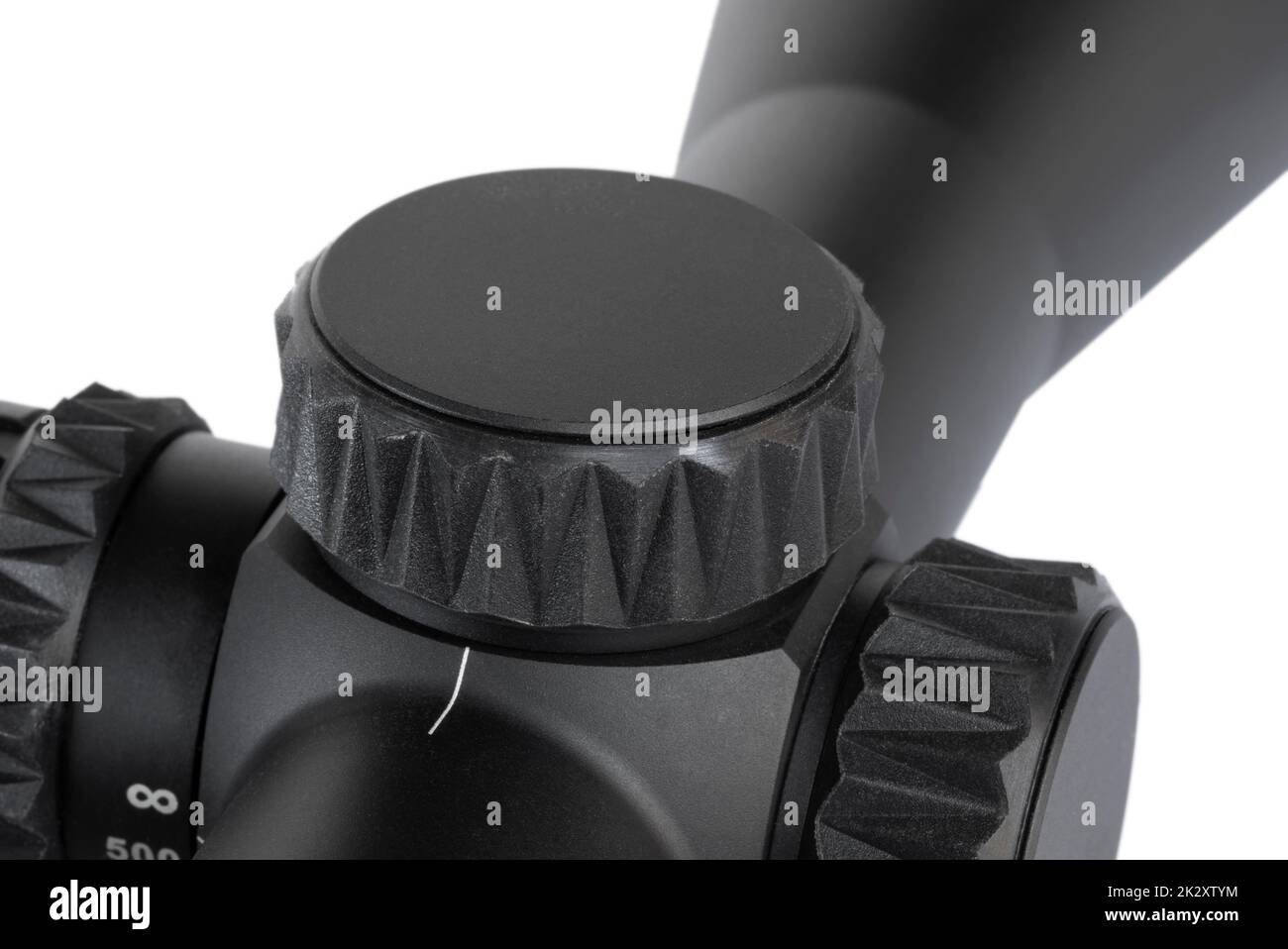 Cap protecting the elevation dial on a rifle scope isolated on white ...
