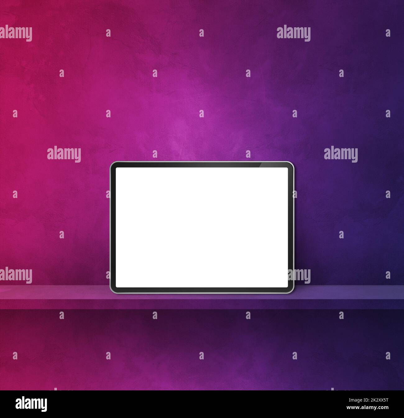 Digital tablet pc on purple wall shelf. Square background banner Stock ...