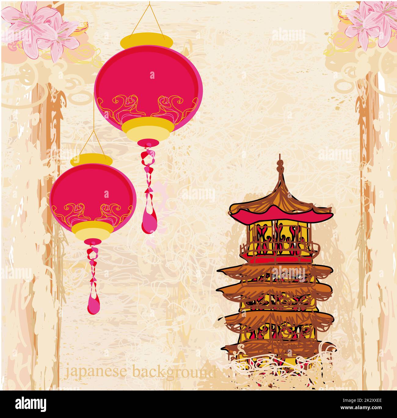 old paper with Asian Landscape and Chinese Lanterns - vintage japanese ...