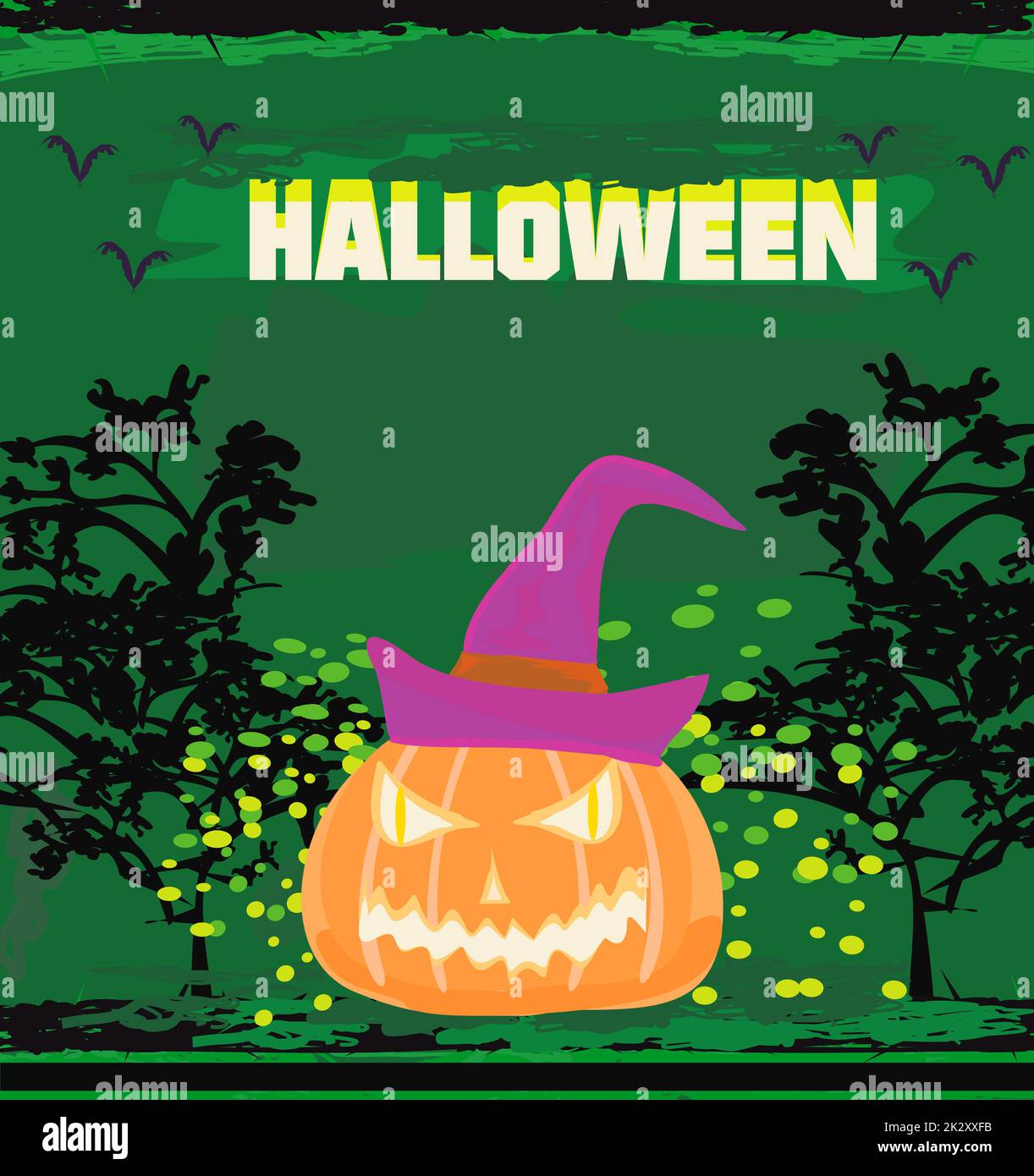 broken halloween pumpkin on grunge green background vector illustration ...