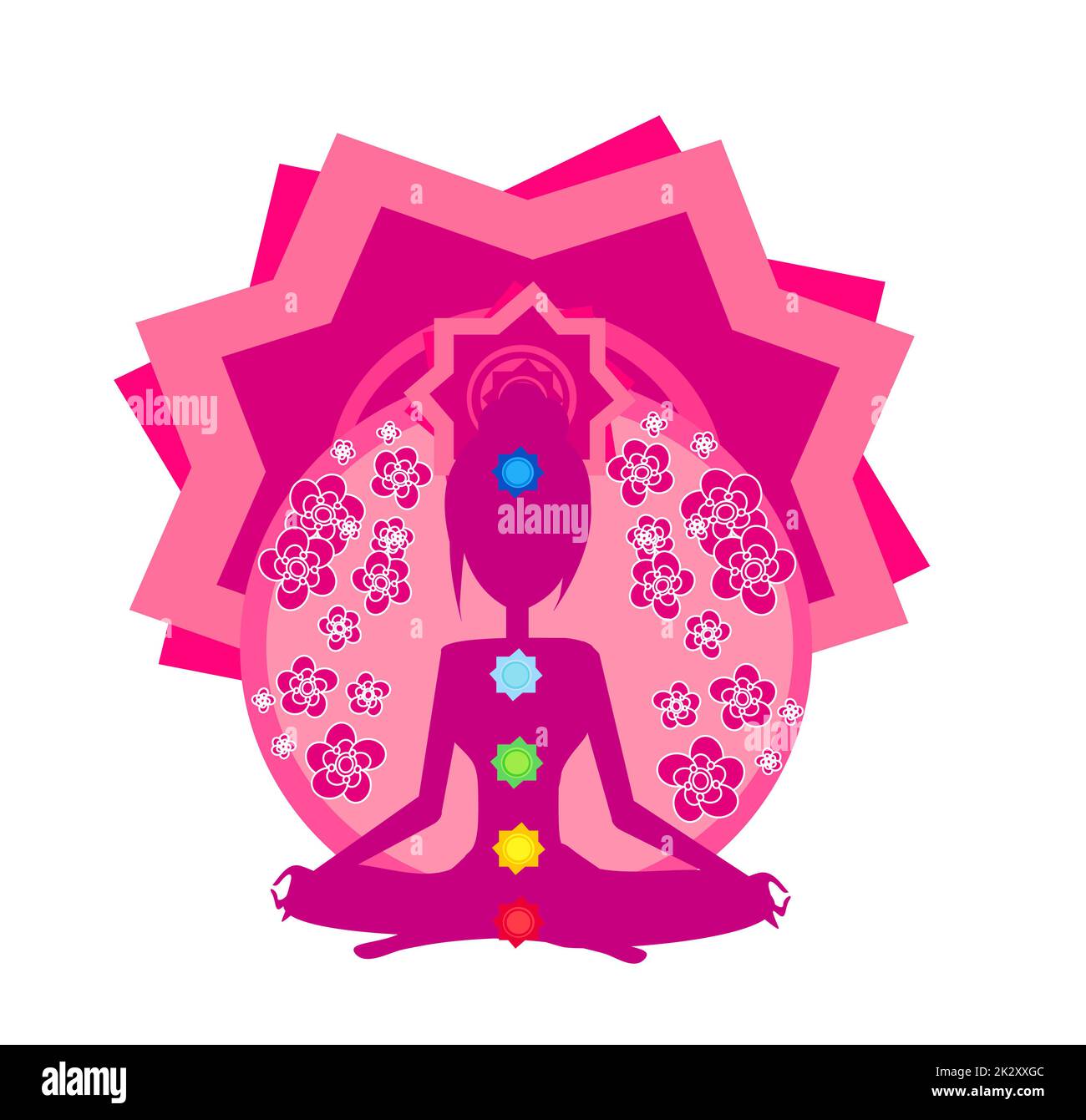 Yoga woman silhouette in lotus pose. Padmasana with colored chakra ...