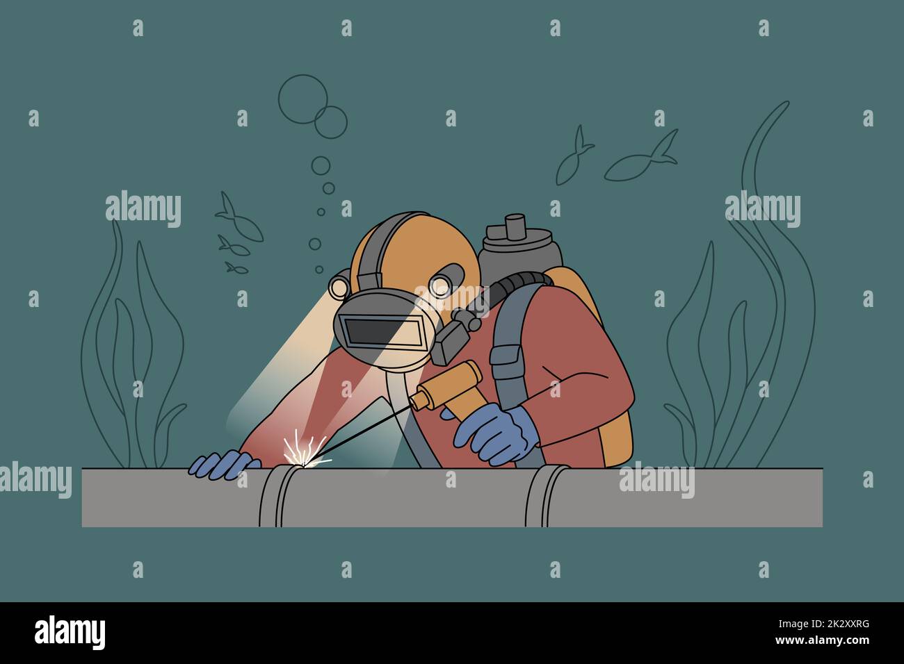 Diver in uniform repair pipe underwater Stock Photo - Alamy