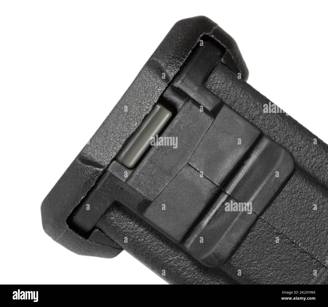 Tab on the back of the floor plate of an AR-15 magazine isolated on ...