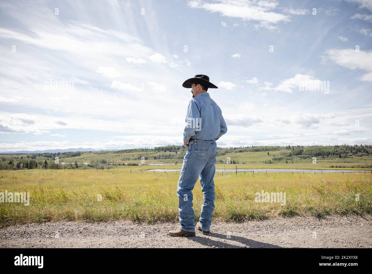 Farmer in cowboy hat looking at sunny vast rural farm landscape Stock ...