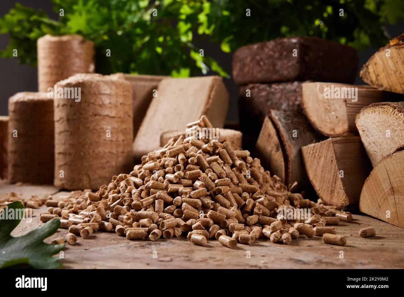 Fuel pellets and briquettes with cut tree logs on table Stock Photo - Alamy