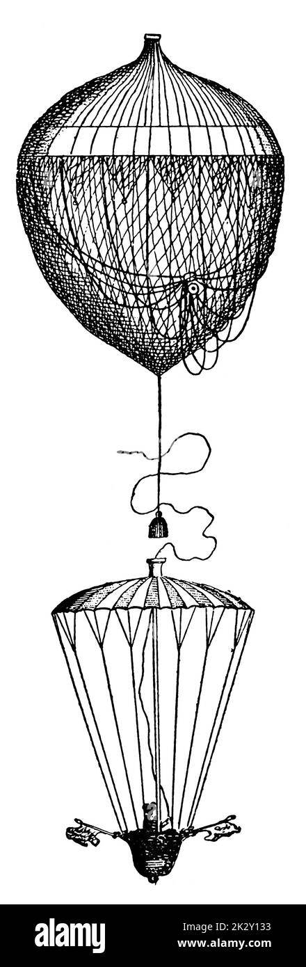 The gas balloon with parachute by Jacques Charles. Illustration of the ...