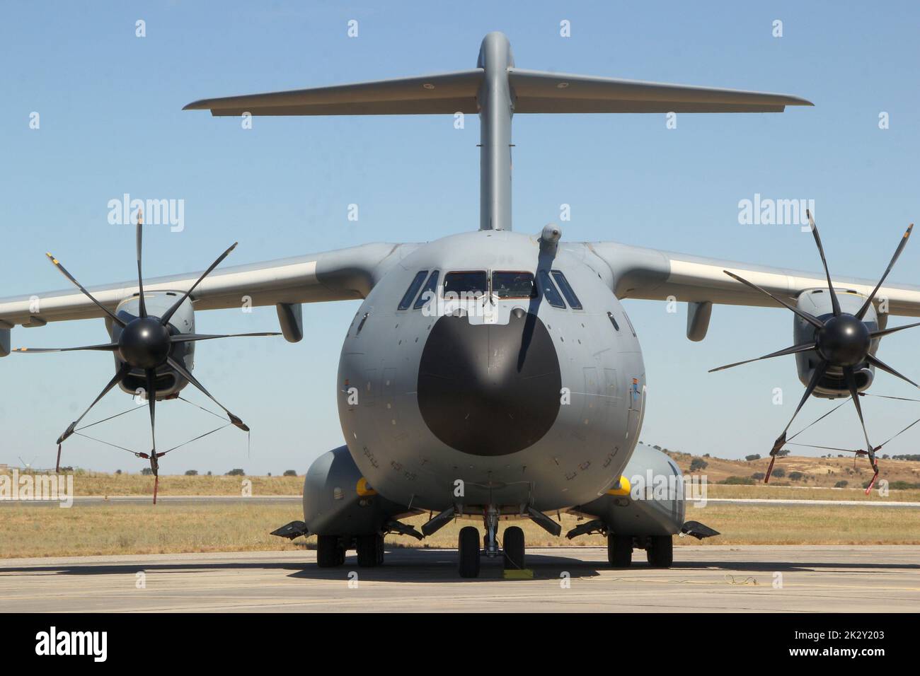 The frontal view of an Airbus A400 Military Transport Aircraft parked ...
