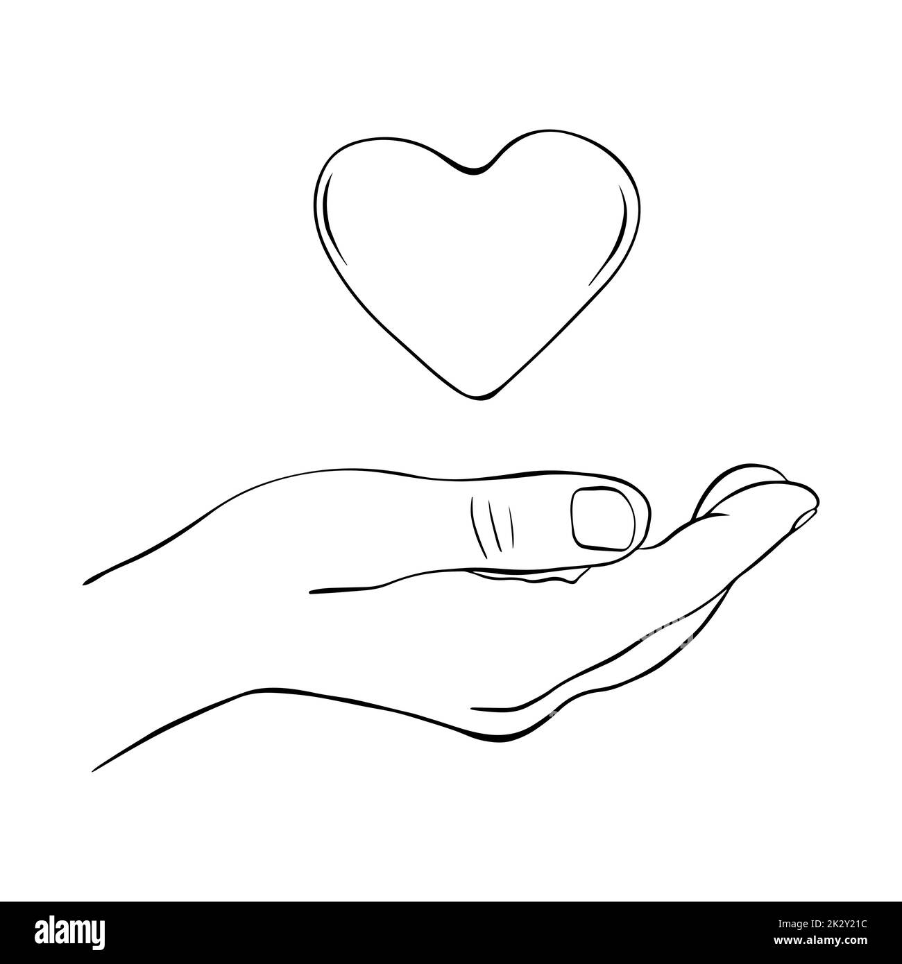 Doodle hand with heart shape above. Donation symbol isolated on white ...