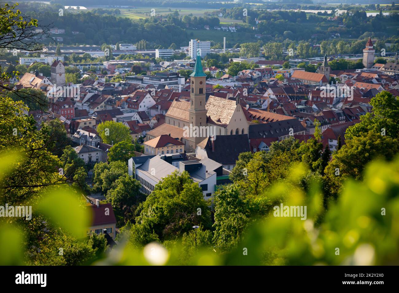 Ravensburg, Germany: Aerial cityscape during spring sunset Stock Photo ...