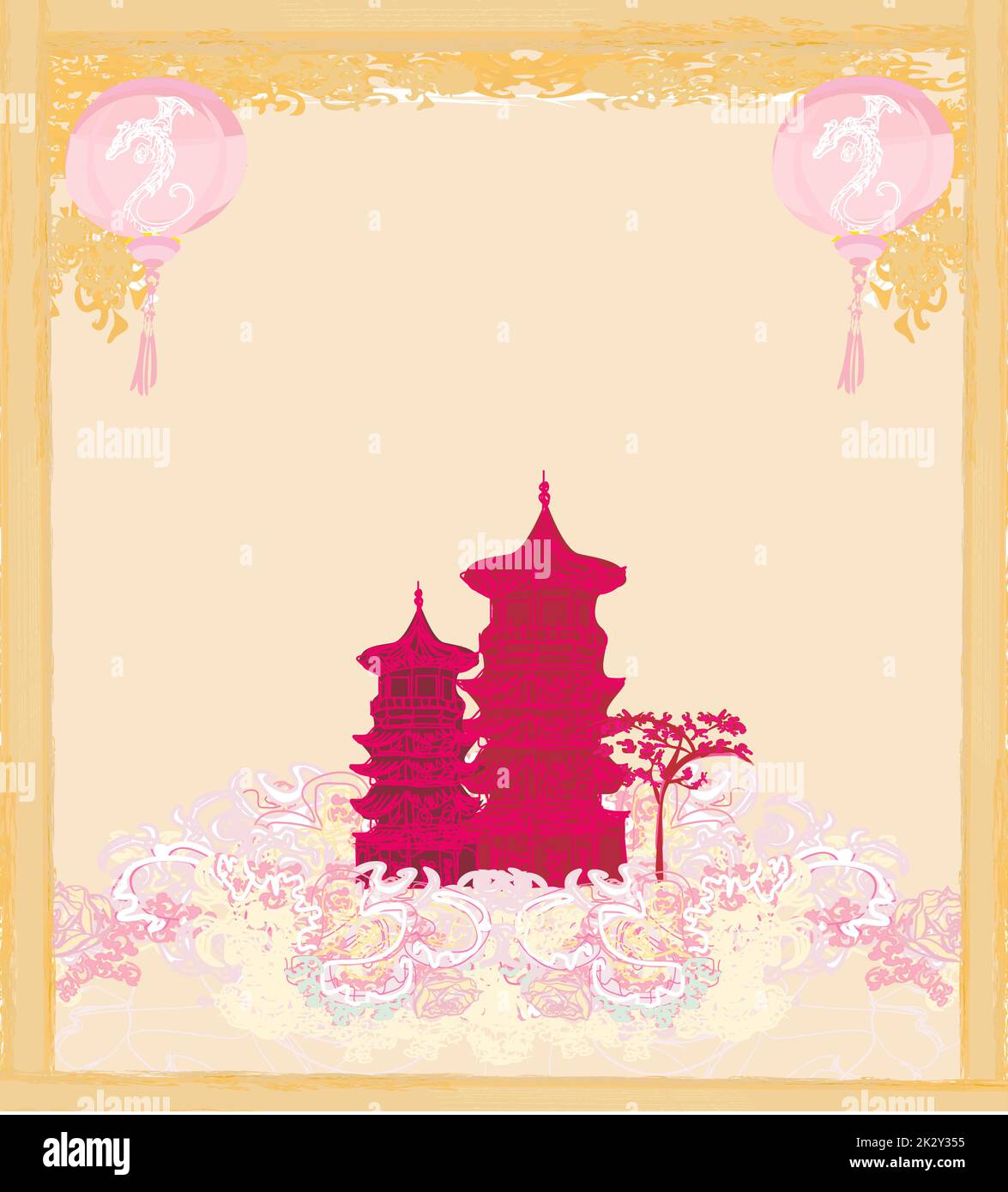 old paper with Asian Landscape and Chinese Lanterns - vintage japanese ...