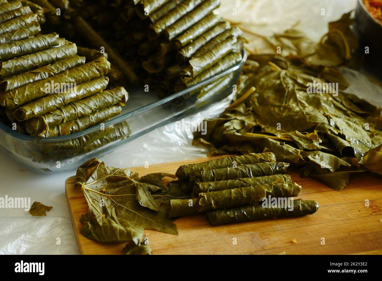 Stuffed grape leaves typical of Turkey, a housewife making stuffed ...
