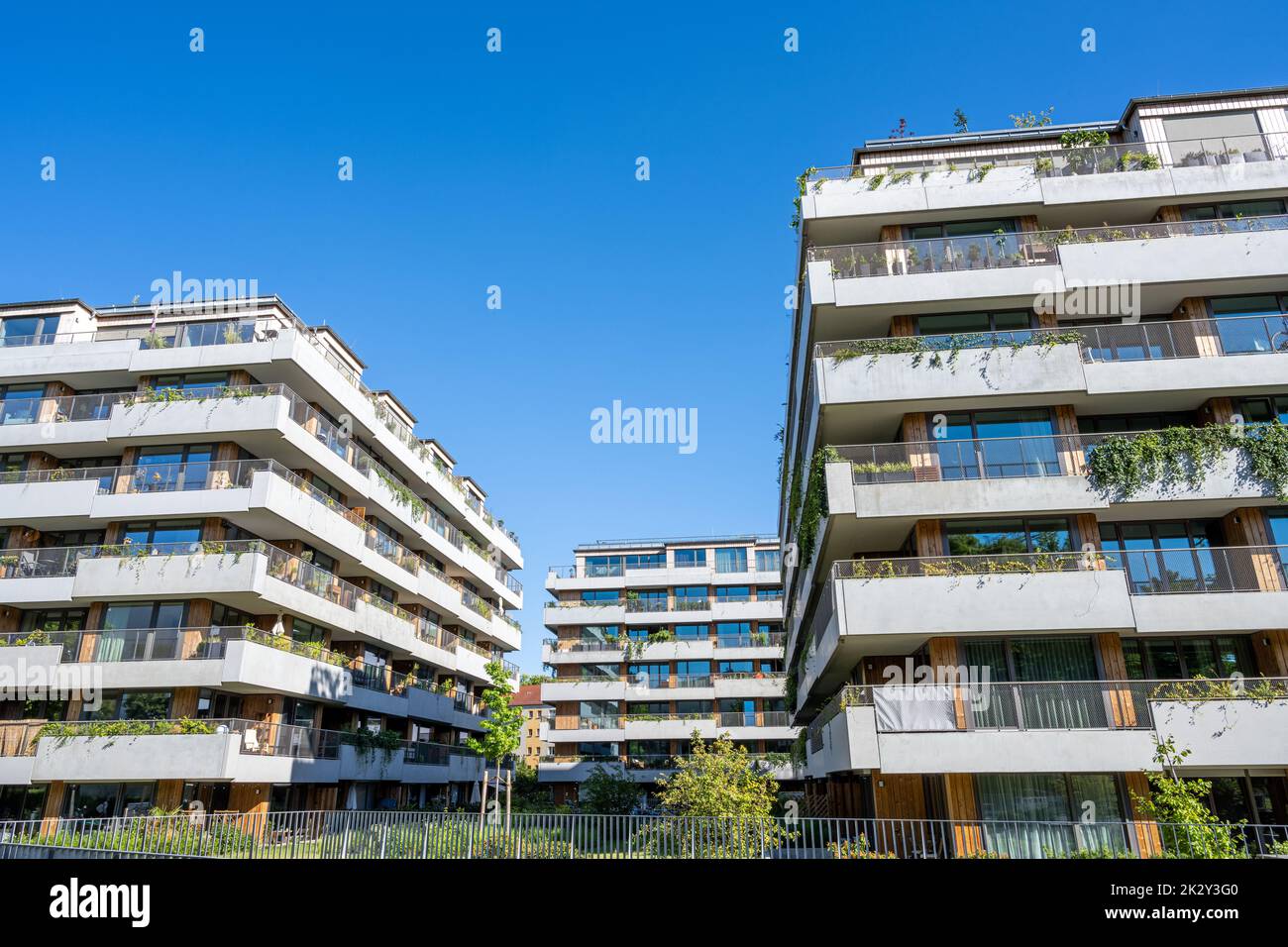 Modern apartment buildings with a concrete facade seen in Berlin ...