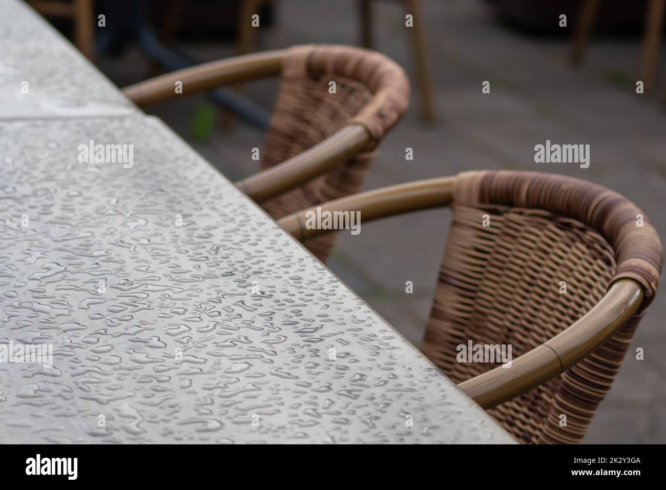 Empty table and empty chairs of summer restaurant or beer garden in ...