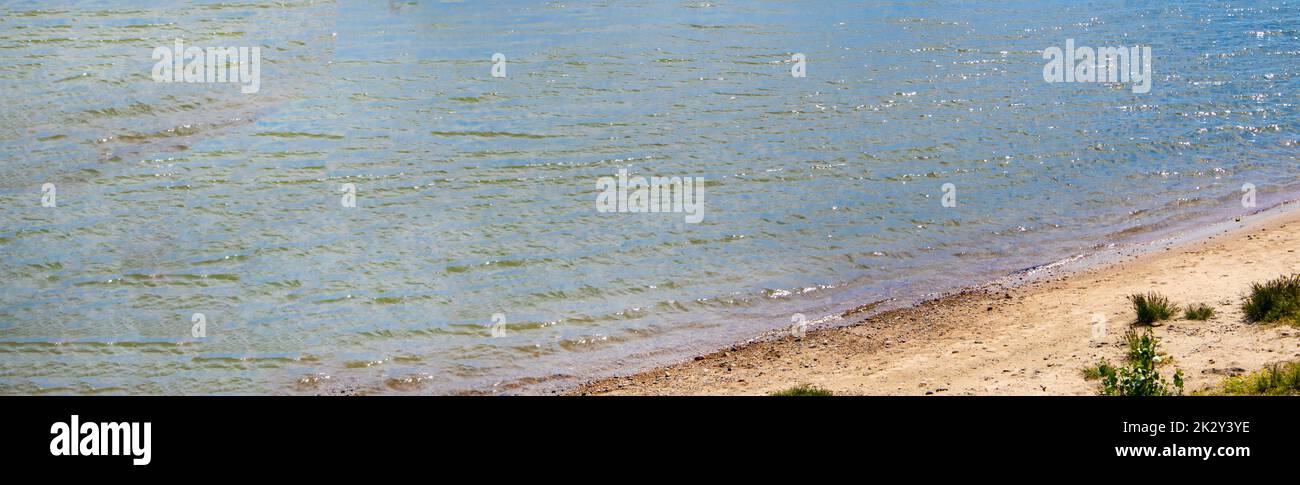 Banner with a copy of the space on the left, Sandy riverbank with grass ...
