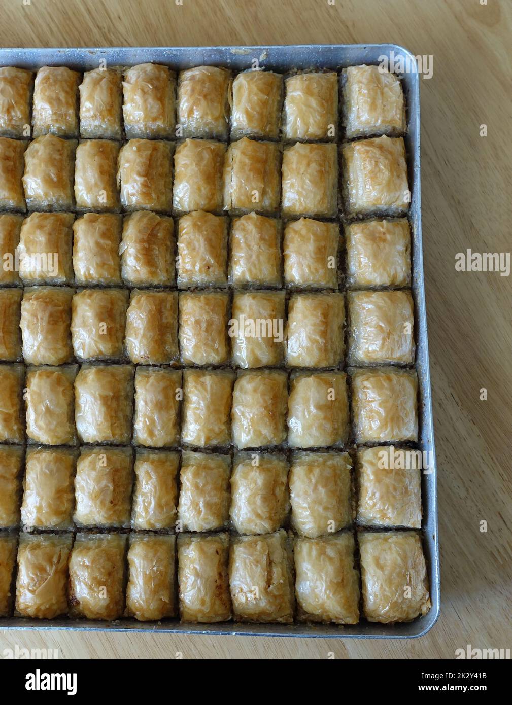 Famous Turkish baklava dessert sliced in a baking tray, Gaziantep ...