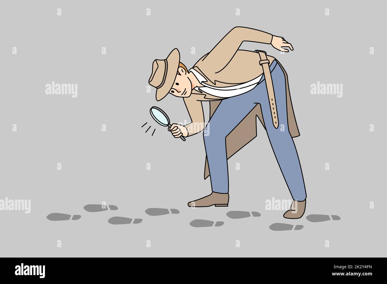 Detective with magnifier following footsteps Stock Photo - Alamy