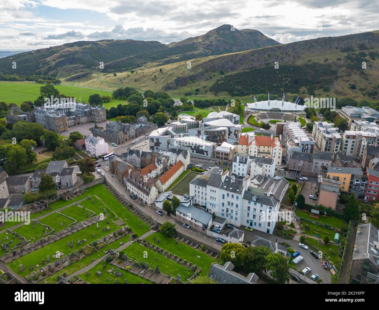 Aerial view of Holyrood in Edinburgh with Scottish Parliament and ...