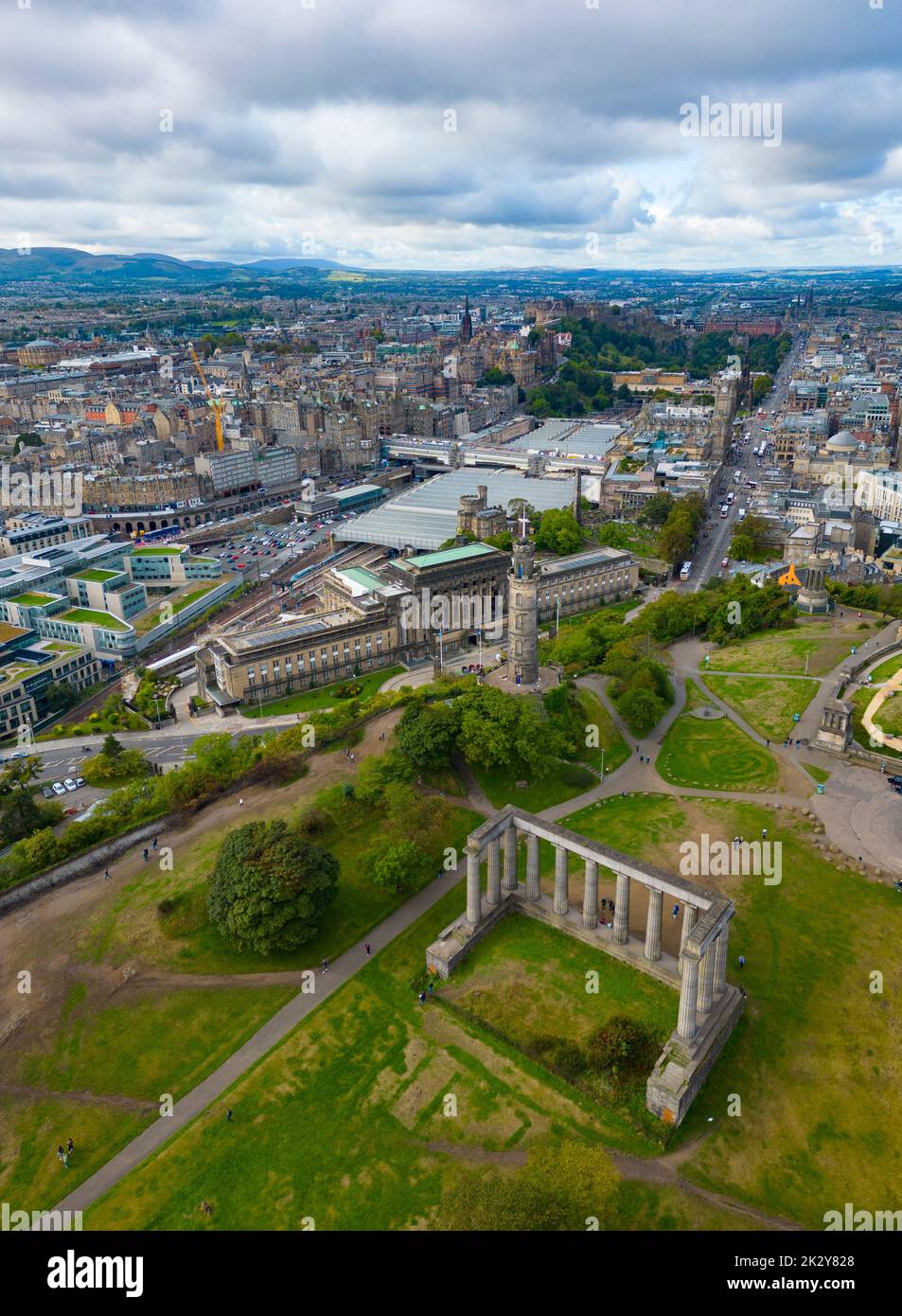 Aerial view of Calton Hill and skyline of Edinburgh, Scotland, UK Stock ...