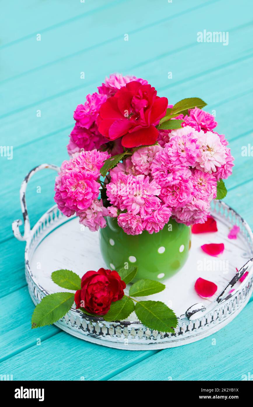 Wild roses in a milk jug on a garden table Stock Photo - Alamy