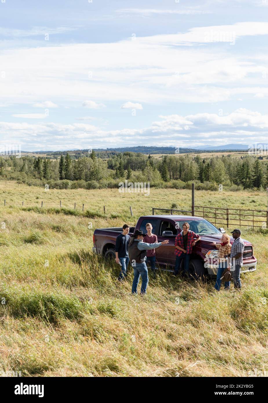 Farmers talking at pickup truck in sunny idyllic farm field Stock Photo ...