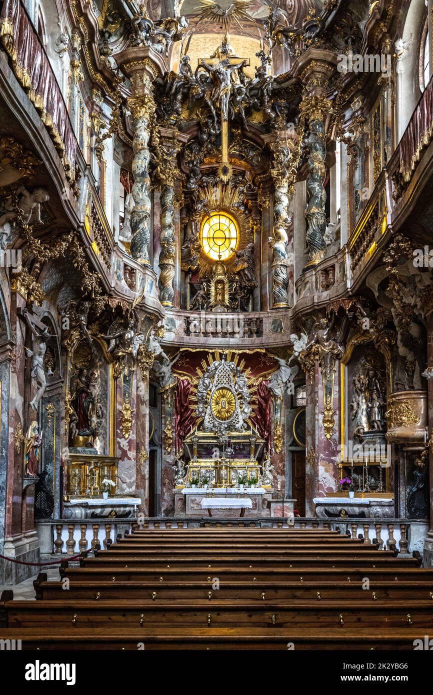 Interior of the baroque Asam Church, Asamkirche in Munich, Bavaria ...