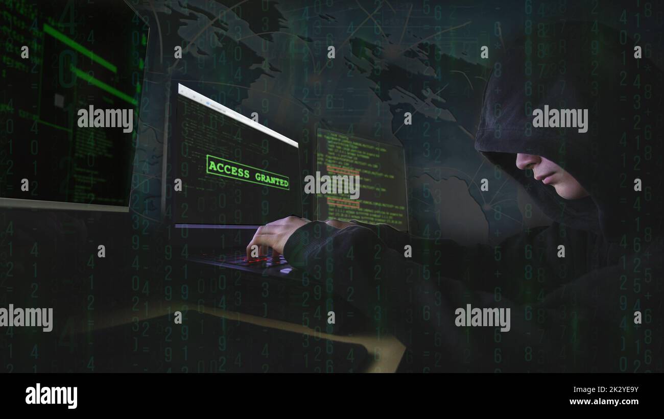 Young hacker attacking from home. Virtual surroundings. Dark Atmosphere ...
