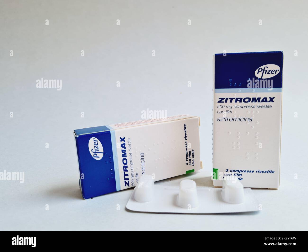 The Zithromax antibiotic of Pfizer isolated on the white background ...