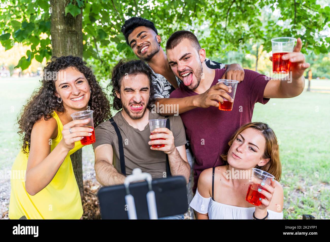 multiethnic group of millennial friends take a selfie while celebrating ...