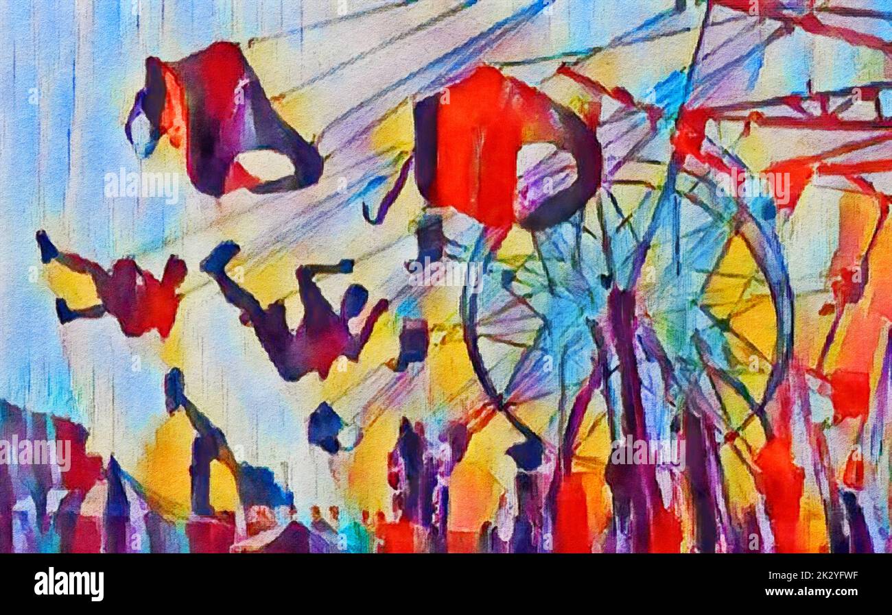 People are seen riding a carnival flying swing ride on the midway at a ...