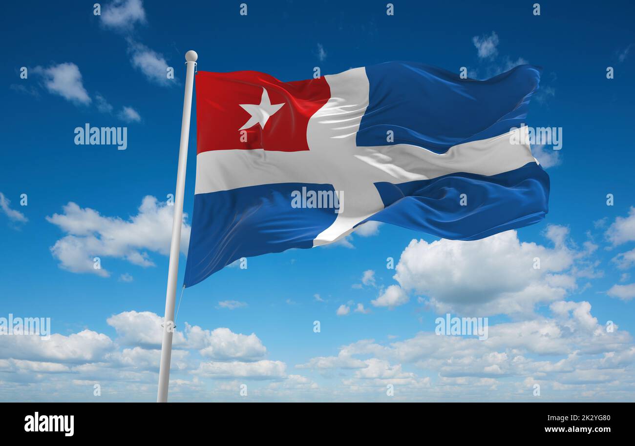 flag of Cretan State, Europe at cloudy sky background, panoramic view ...