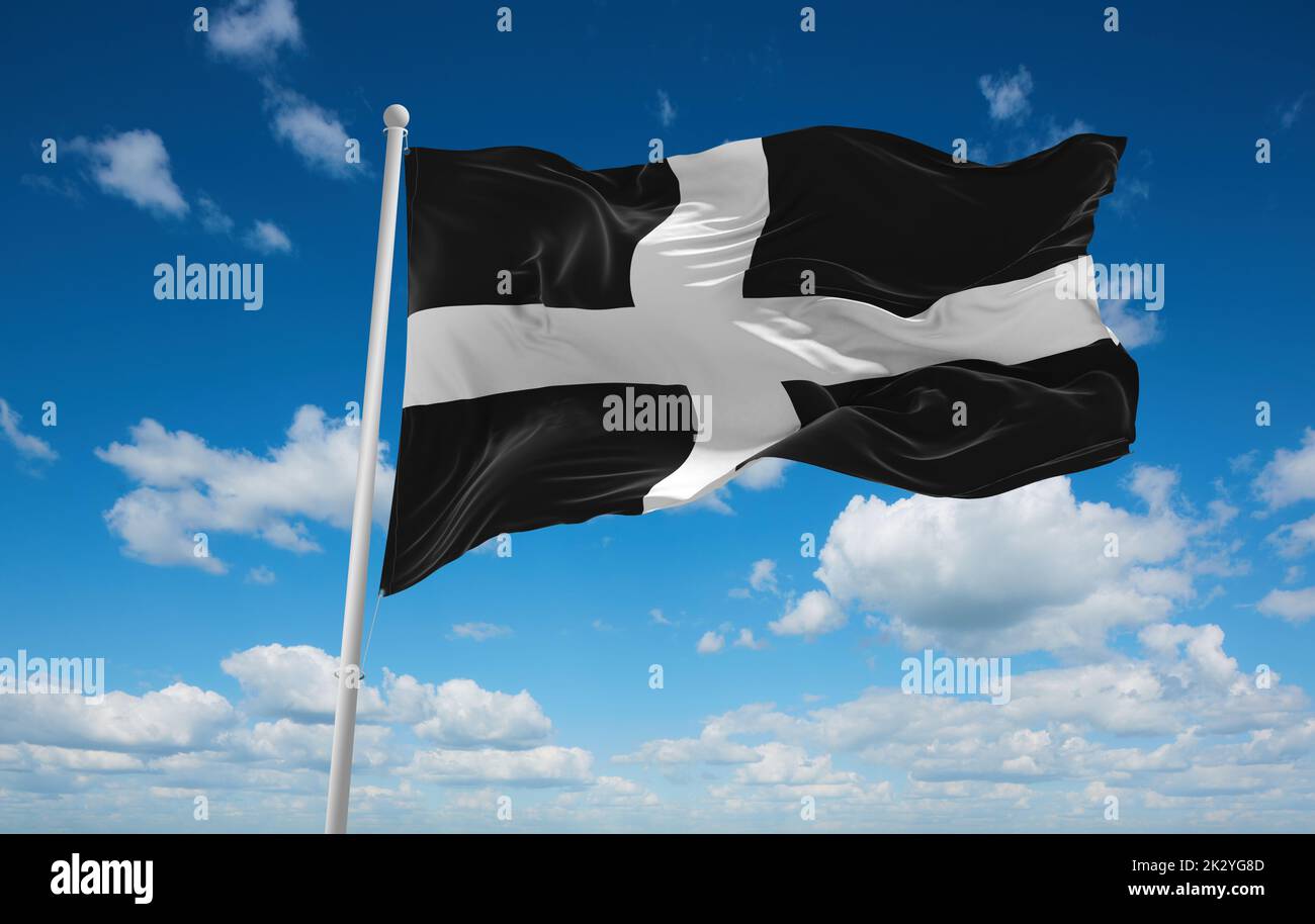 flag of Cornwall, Europe at cloudy sky background, panoramic view. flag ...