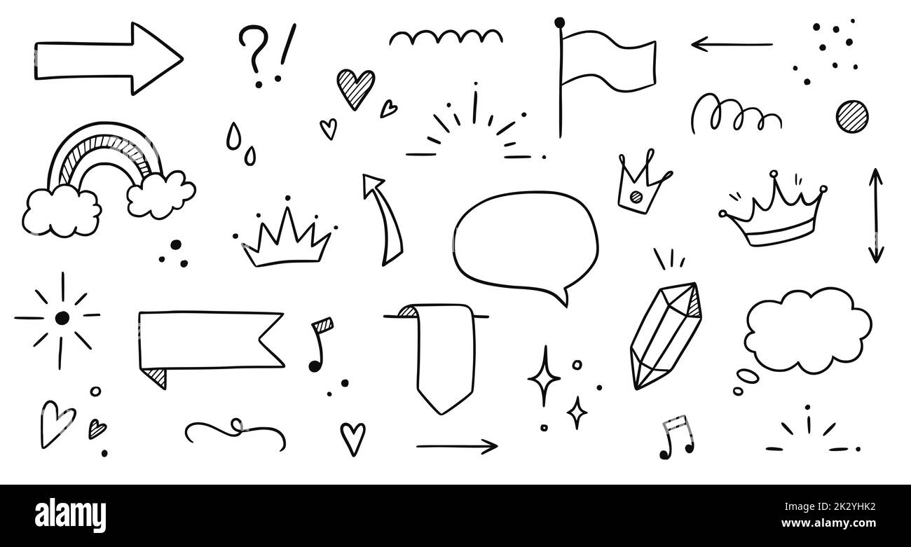 Line frame, sparkle, ribbon hand drawn doodle element set. Party ...