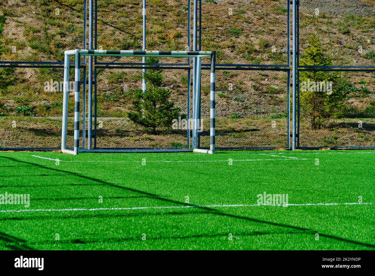 Football field with gate and freshly laid green lawn Stock Photo - Alamy