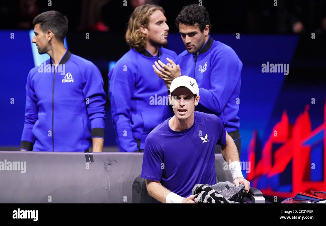 Team Europe's Andy Murray reacts after winning the first set of his match against Alex Di Minaur ...